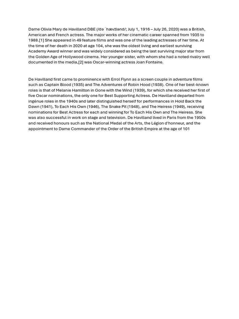 Dame Olivia Mary de Havilland DBE | PDF