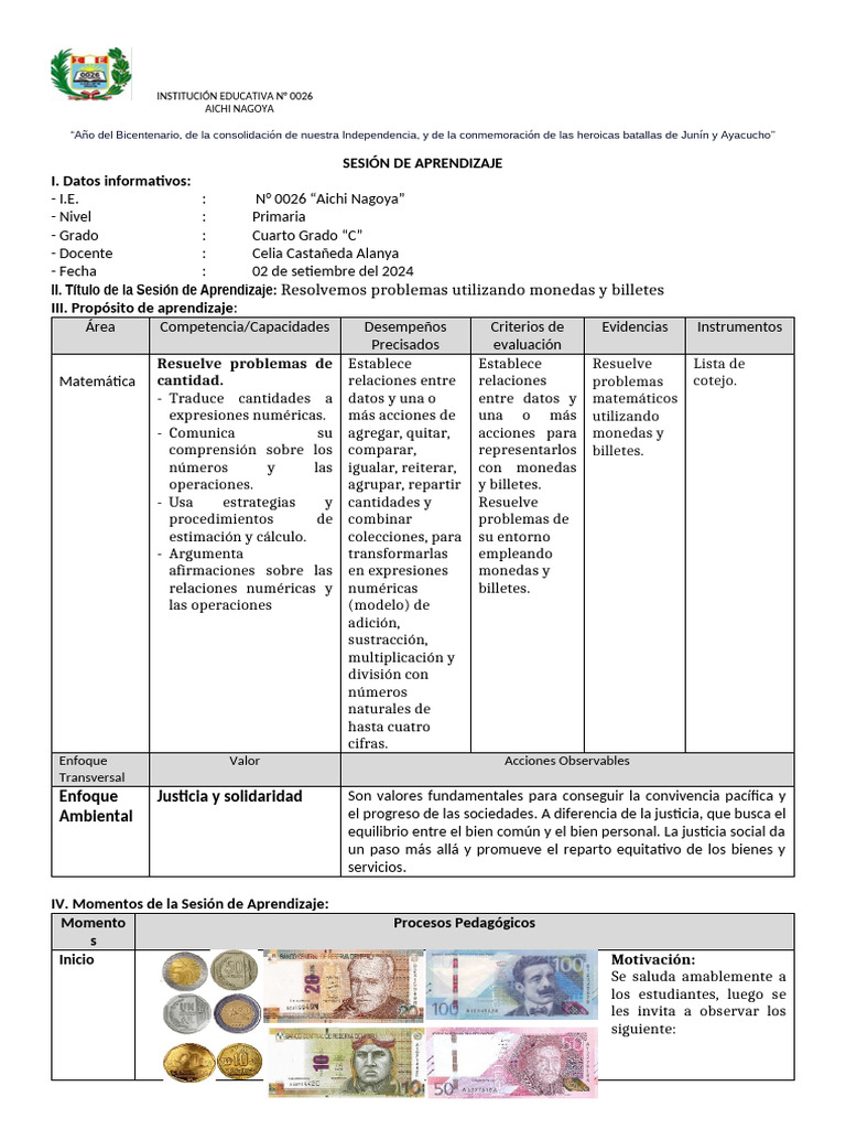 Sesion 02 de Setiebre Utilizando Monedas y Billetes | PDF