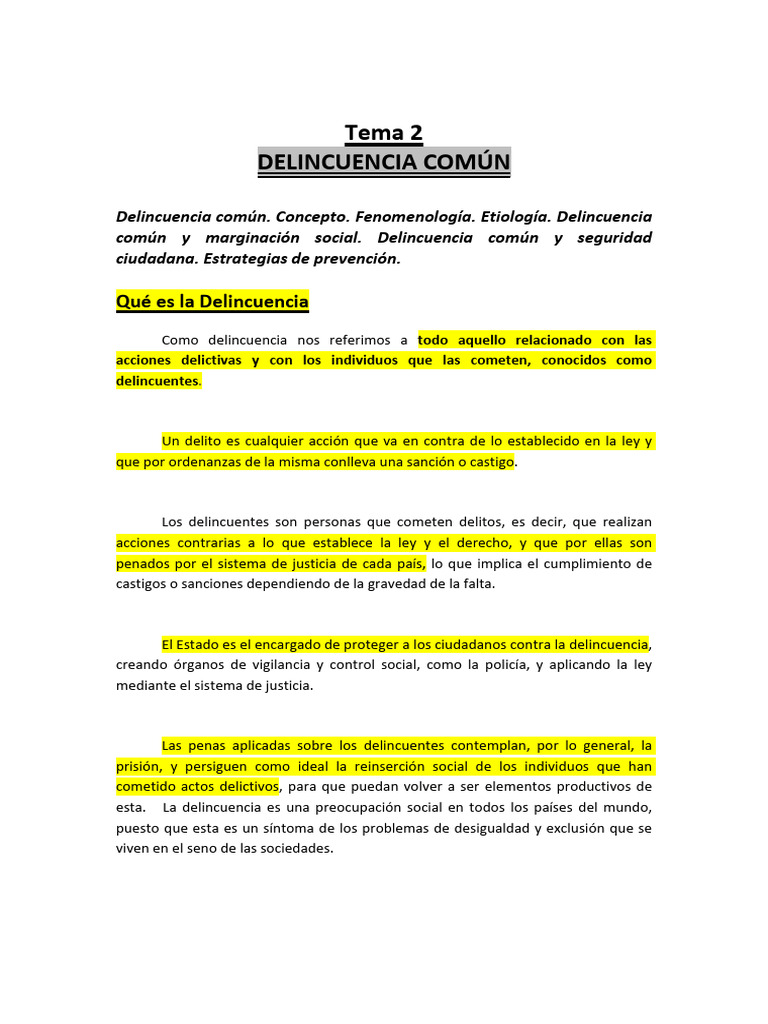Resumen Tema - 2. Delincuencia Común | PDF