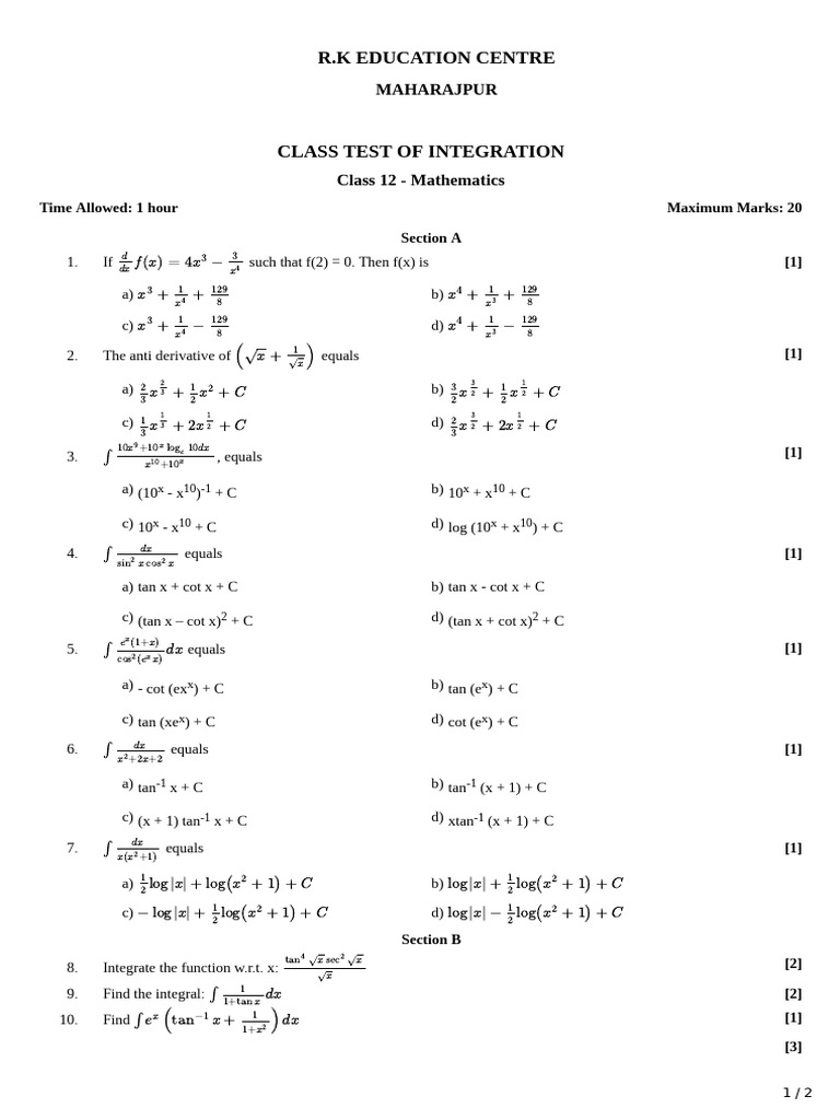 Class Test of Integration | PDF
