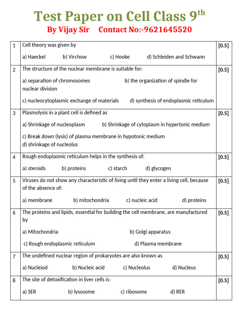 Test Paper On Cell Class 9th 2024 | PDF