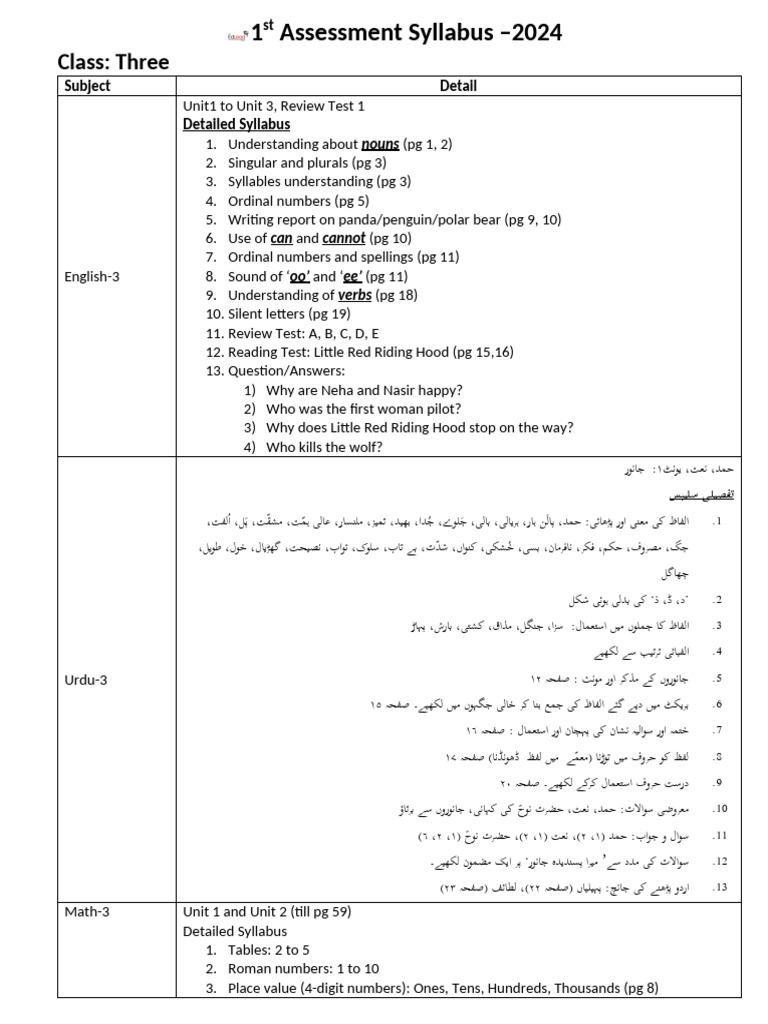 Class 3 Syllabus 1st Assessment | PDF