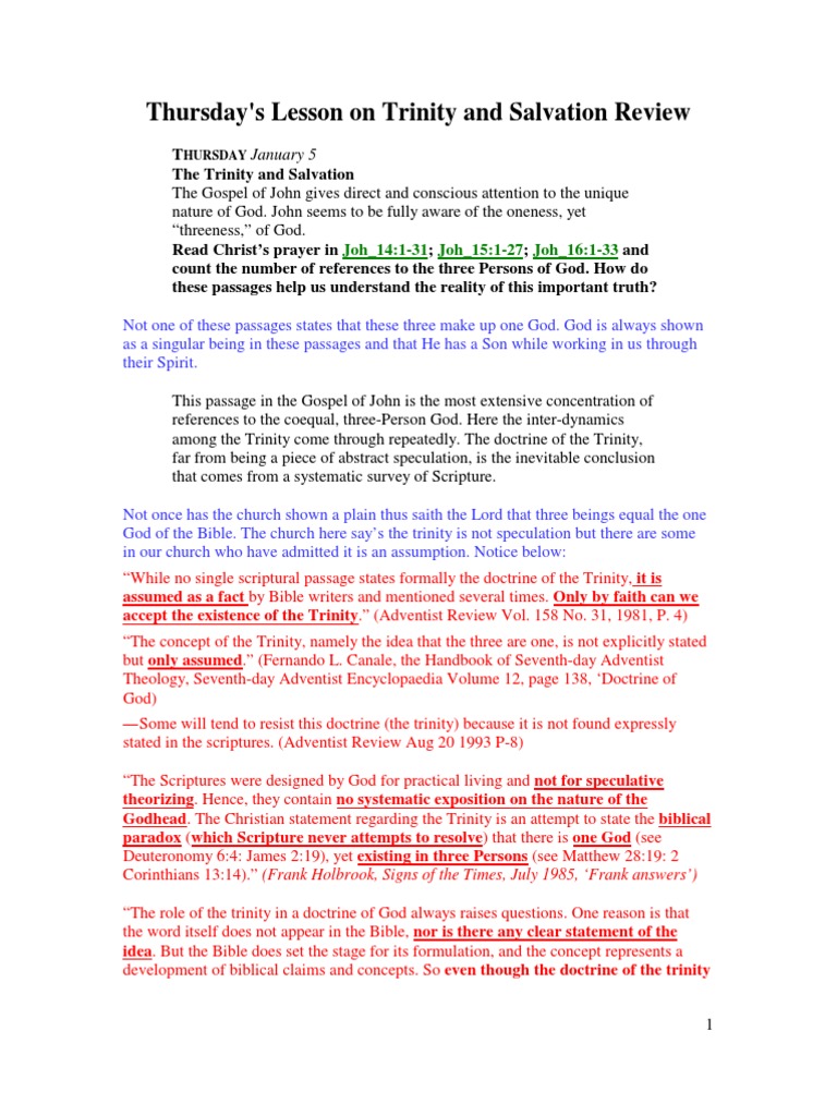 SDA Sabbath School Lesson Review, Thursday January 5, 2012: Trinity and ...