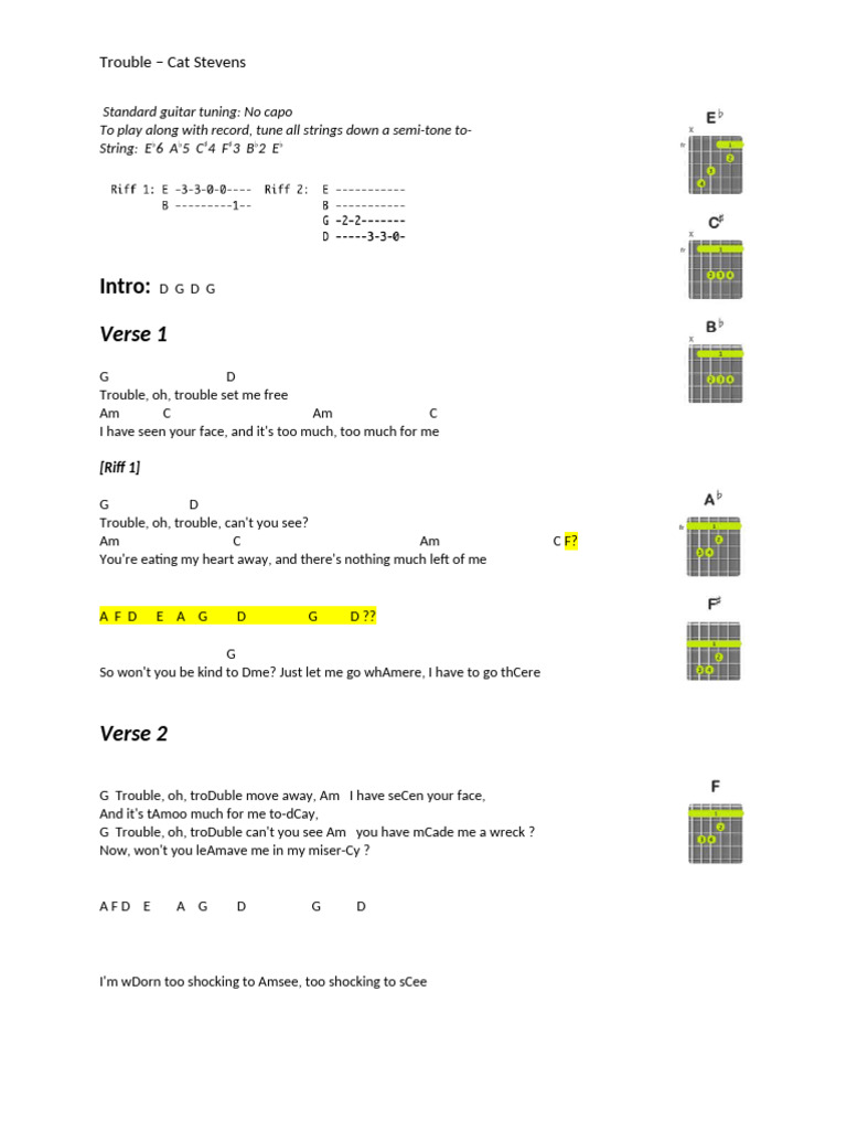 Cat Stevens "Trouble" Guitar Chords | PDF
