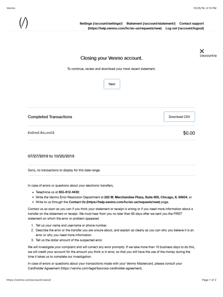 Venmo - Last Statement Before Closing 25 Oct 19 | PDF