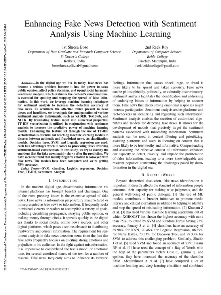 Enhancing Fake News Detection With Sentiment Analysis Using Machine Learning | PDF