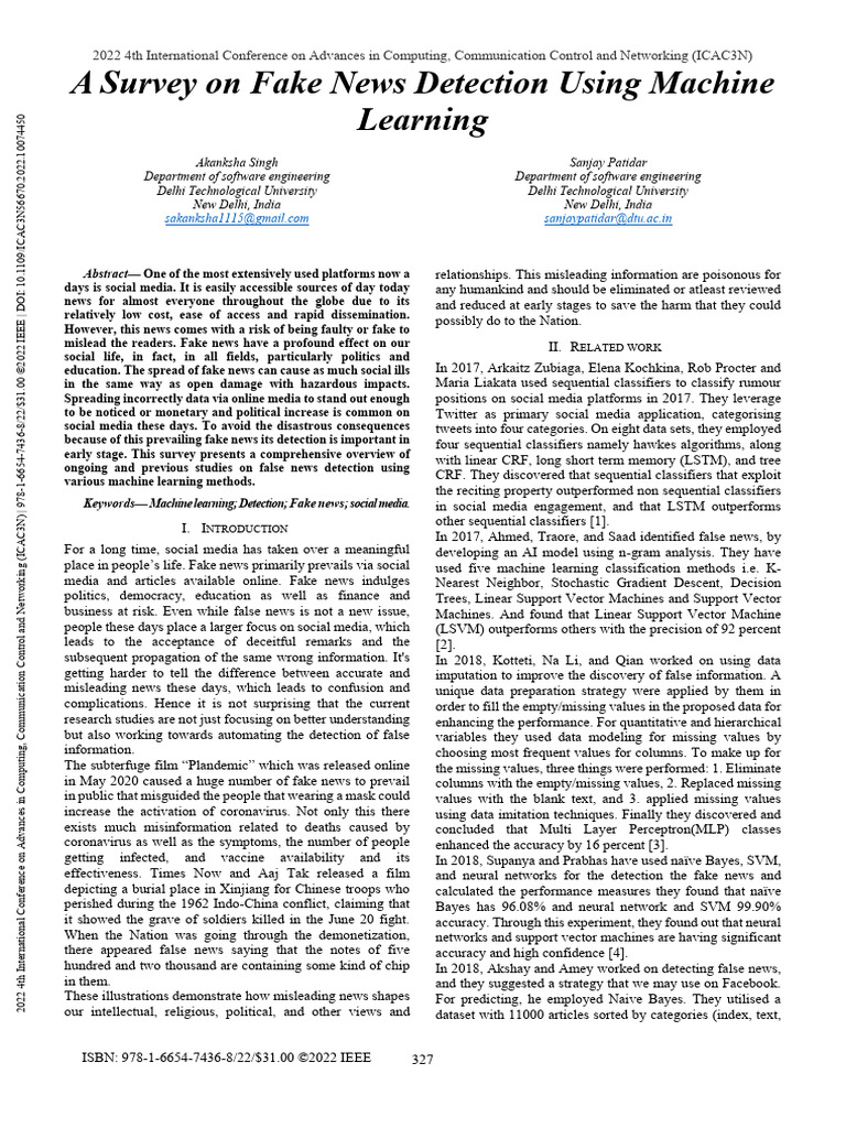 A Survey On Fake News Detection Using Machine Learning | PDF