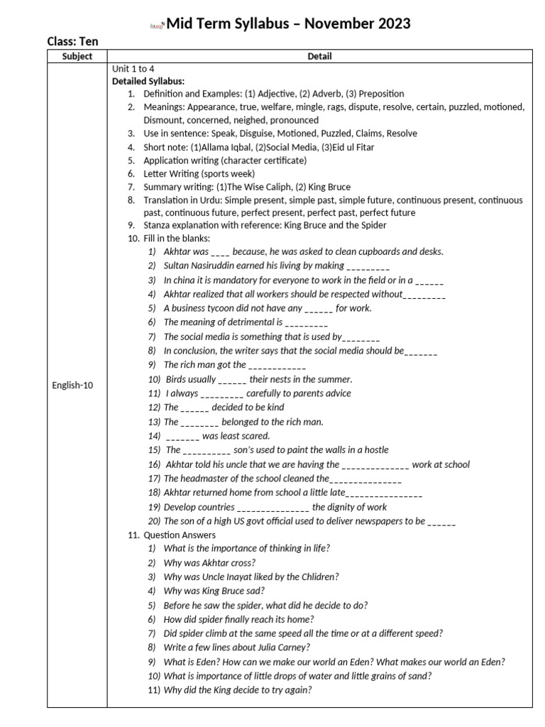 Class 10 Mid Term Syllabus | PDF