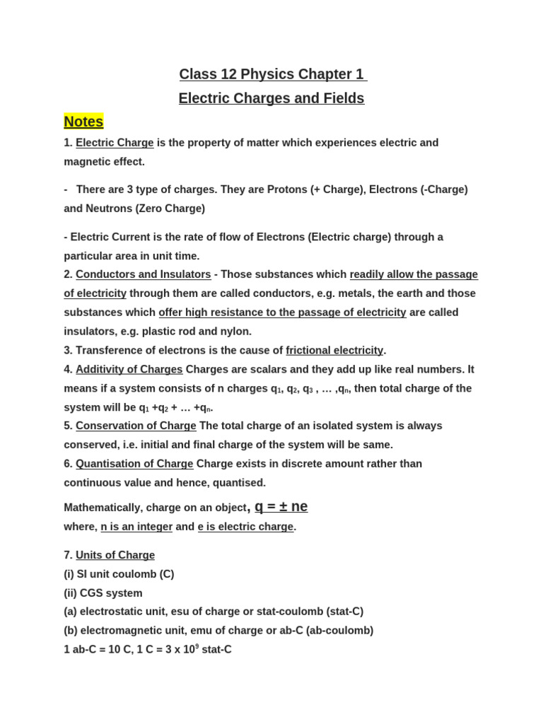 Class 12 Physics Chapter 1 - Consolidated Study Material | PDF