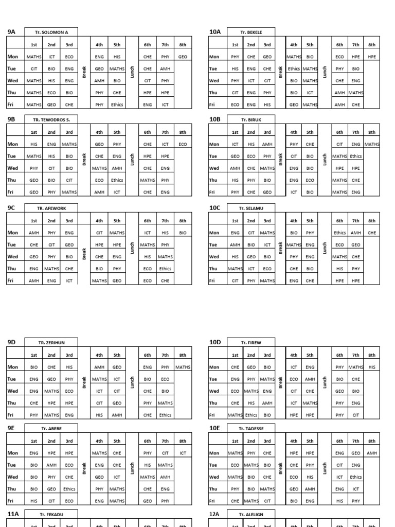 Time Table Format 2017E.C | PDF