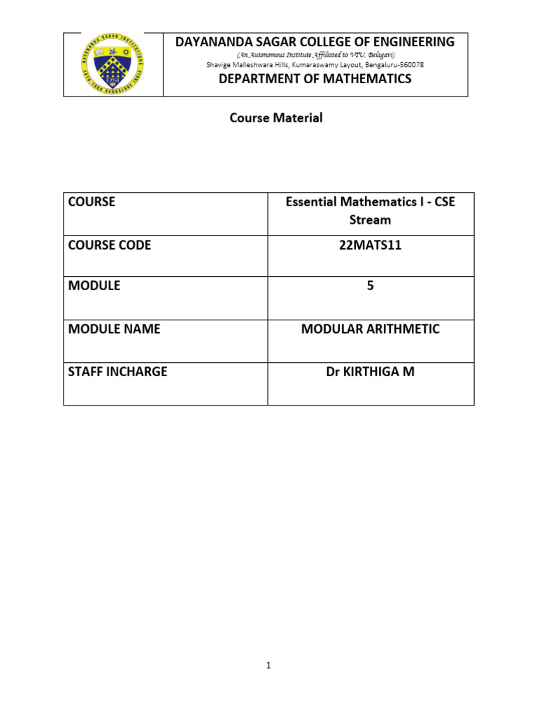 MODULAR ARITHMETIC - Module-5 - CSE Stream - 14 - 2 - 23 | PDF