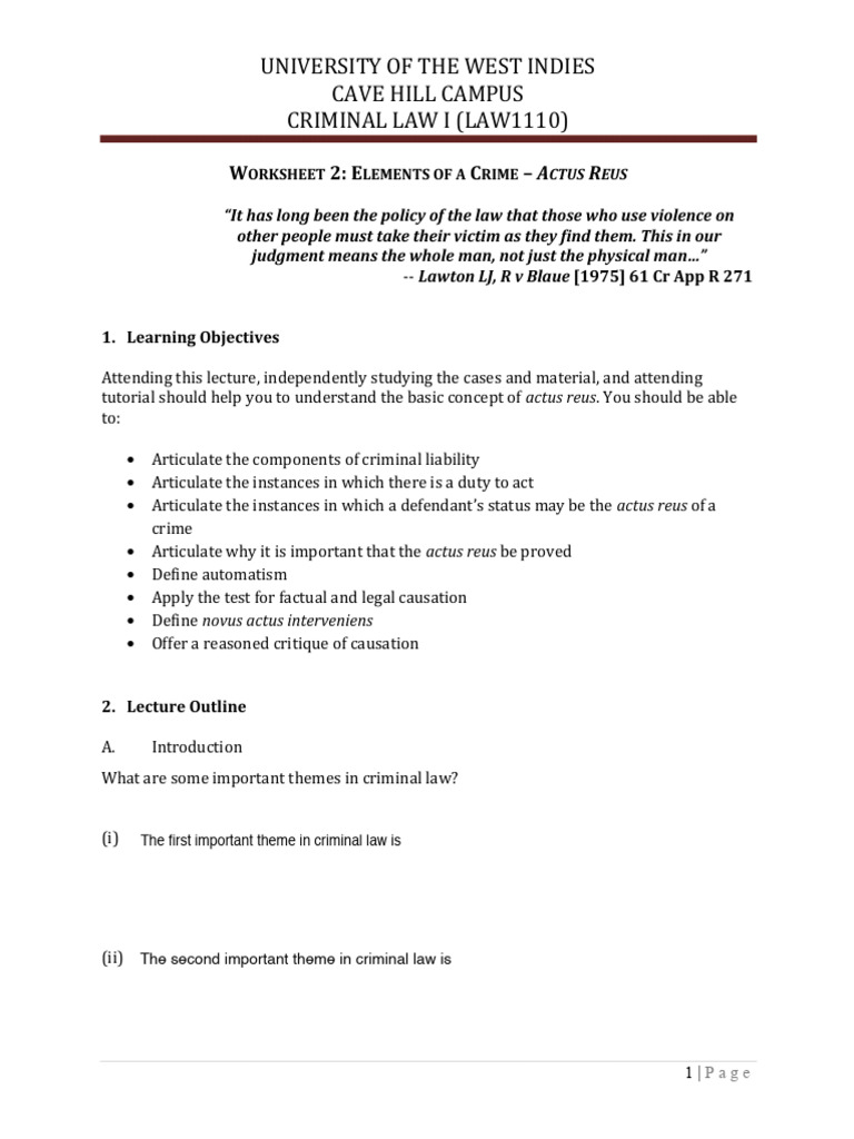 FULL OUT CAVE HILL Criminal Law I Worksheet 2 - Elements of A Crime ...