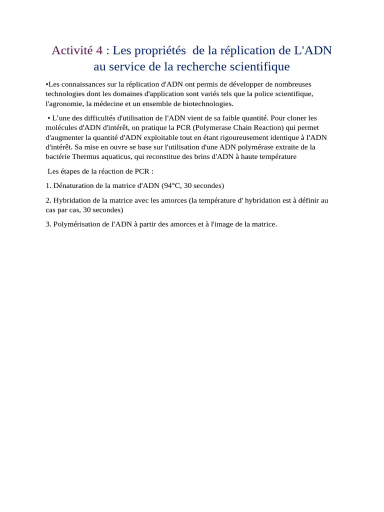 Activité 4:: Les Propriétés de La Réplication de L'ADN Au Service de La Recherche Scientifique | PDF