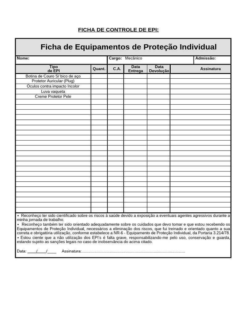 Ficha de Controle de Epi - Mecânico | PDF
