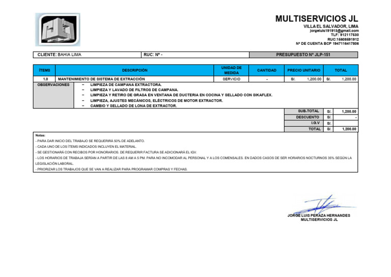 Multiservicios JL - Presupuesto 151 | PDF