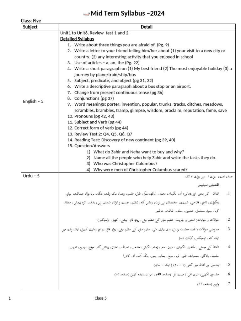 Class5 MidTerm Syllabus | PDF