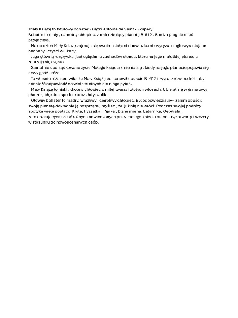 Maly Ksiaze Opis Postaci | PDF