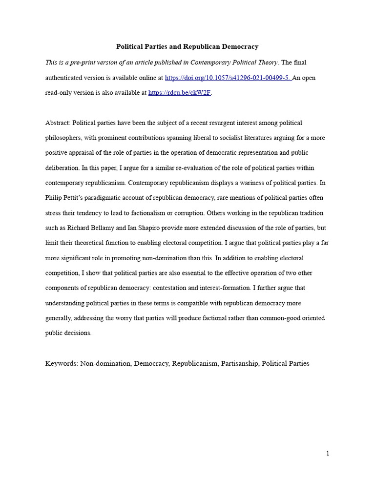 Reassessing Political Parties in Republicanism | PDF | Democracy ...