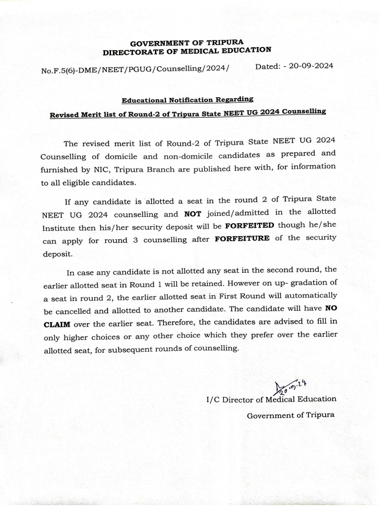 Revised Merit List of Round-2 of Tripura State NEET UG 2024 Counselling | PDF