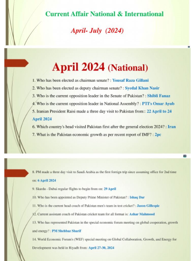 April To July Current Affair 2024 by Sir SHAFEEK DOGAR (PMS) - 1 | PDF