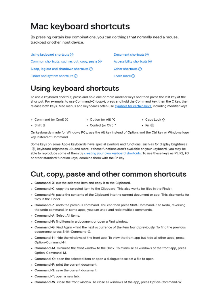 Mac Keyboard Shortcuts - Apple Support (UK) | PDF