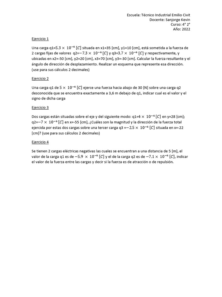 Ejercicios Ejemplo (Carga Electrica y Fuerza Electrica) | PDF