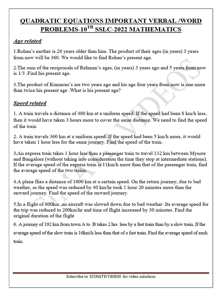 Verbal - Word Problems From Quadratic Equations | PDF