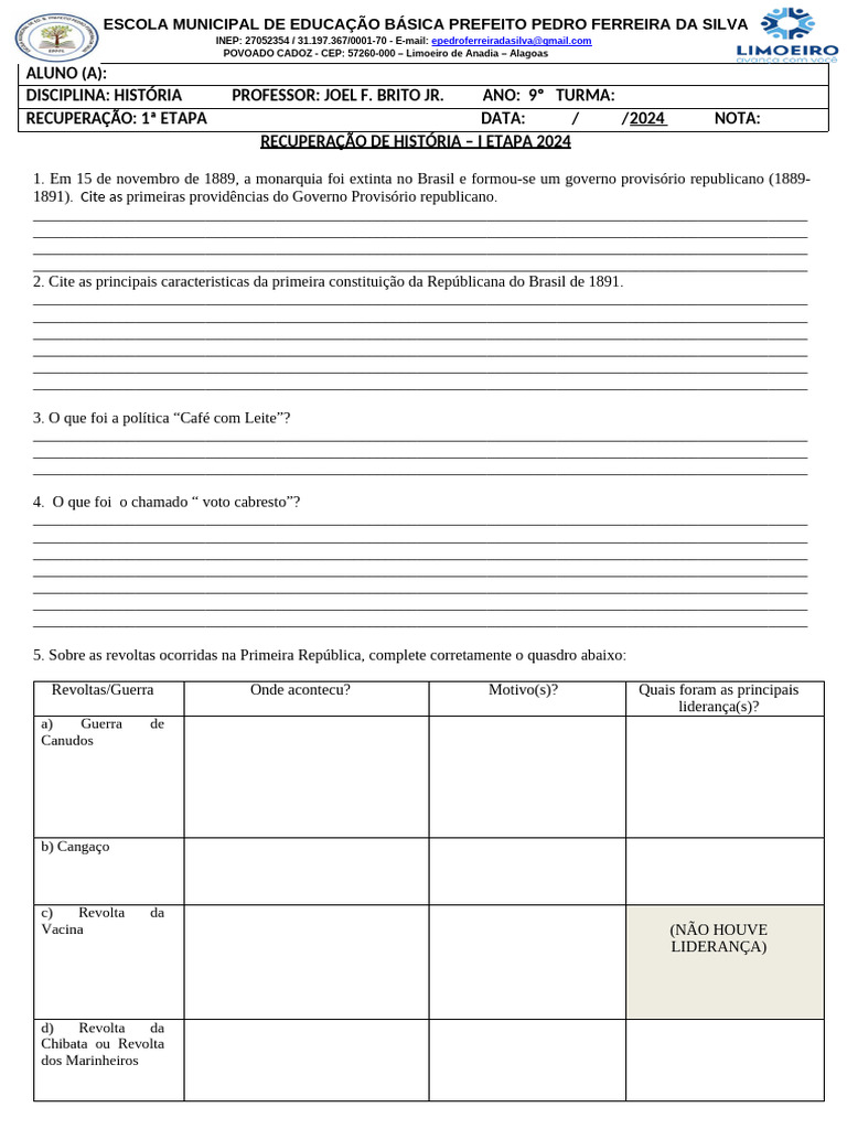 RECUP. DE HIST. 1 Etapa 9º Anos A e B 2024 | PDF