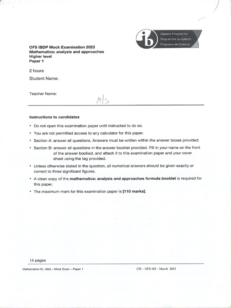 HL2 AA Mock Exam 2023 P1 & P2 MS | PDF