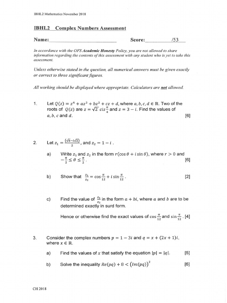 HL2 Complex Numbers 2018 (With MS) | PDF