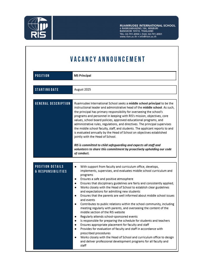 MS Principal Job Description. 2025-2026 | PDF | Curriculum | Career ...