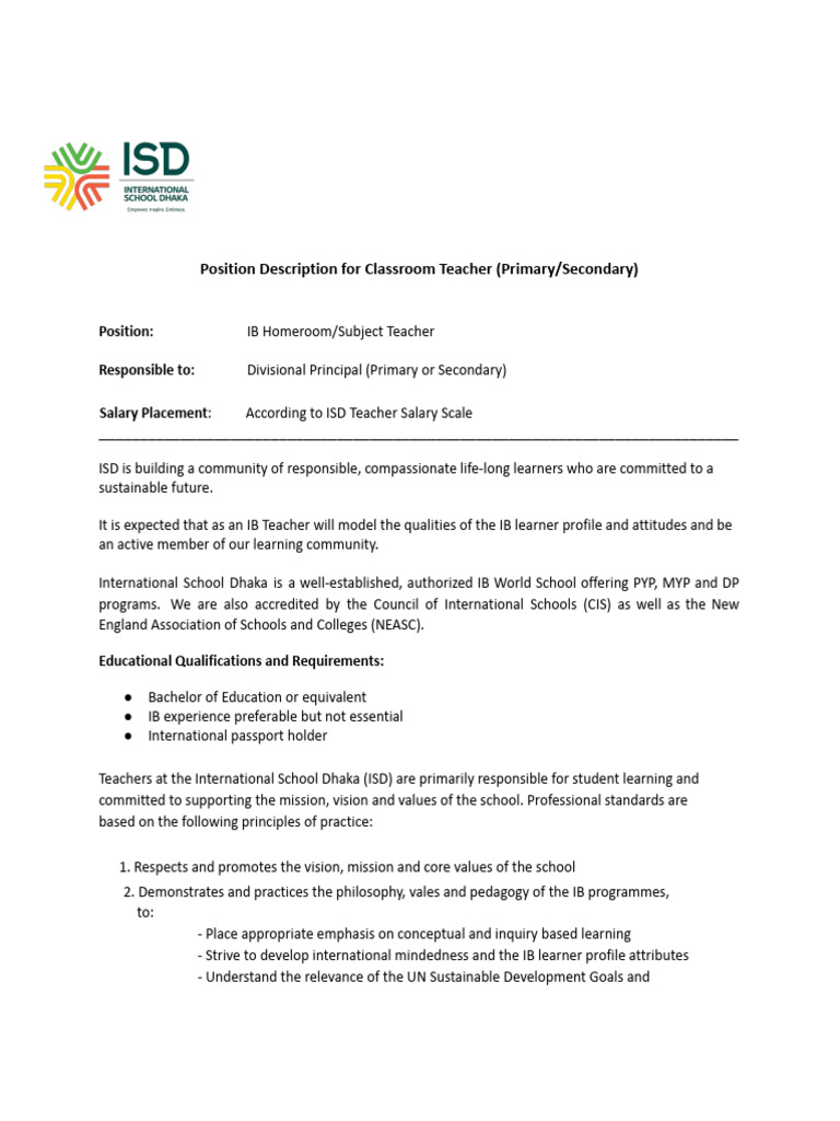 ISD Position Description For Classroom Teacher (K5-Grade 12) | PDF ...