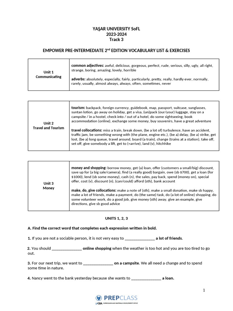 2023-2024 T3 Is RA Pre-Intermediate Vocabulary List & Exercises | PDF