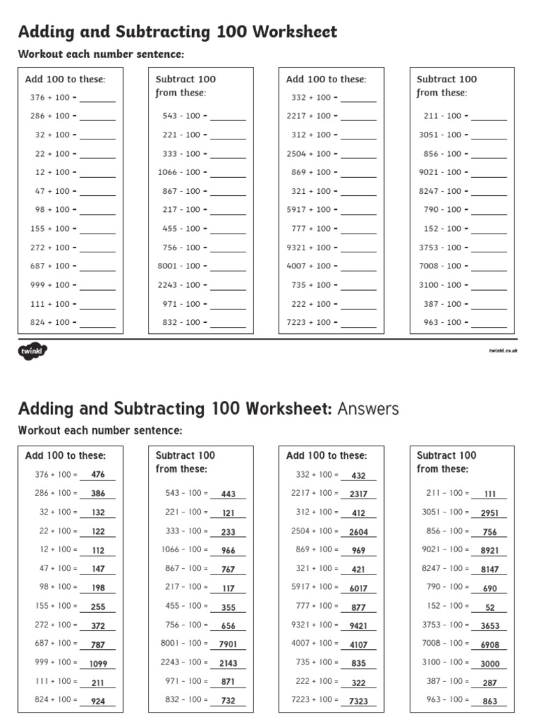 Adding and Subtracting 100 Worksheet.196695153 | PDF