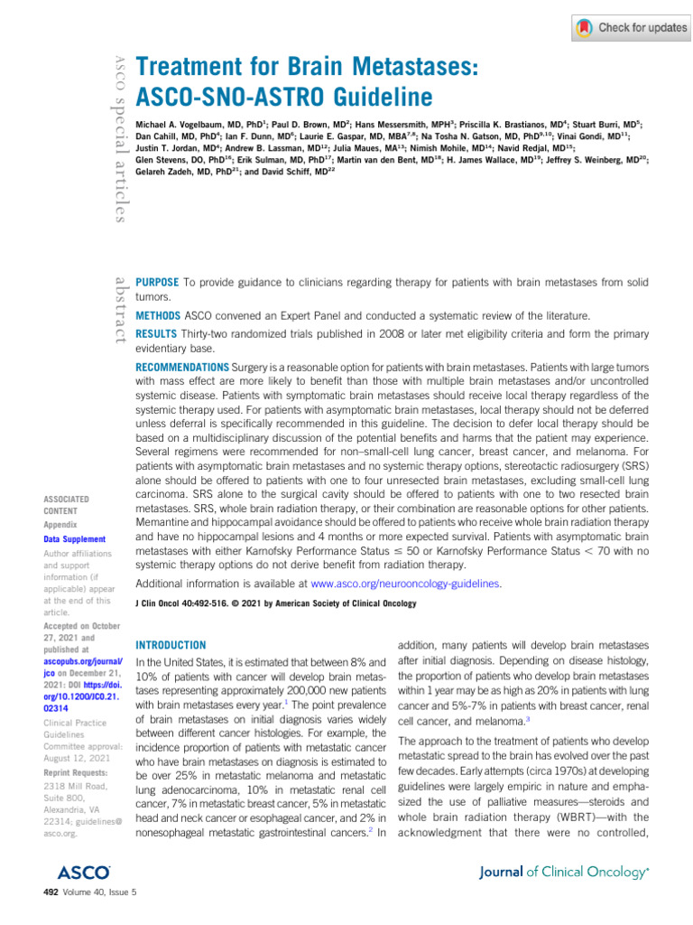 Vogelbaum Et Al 2021 Treatment For Brain Metastases Asco Sno Astro ...