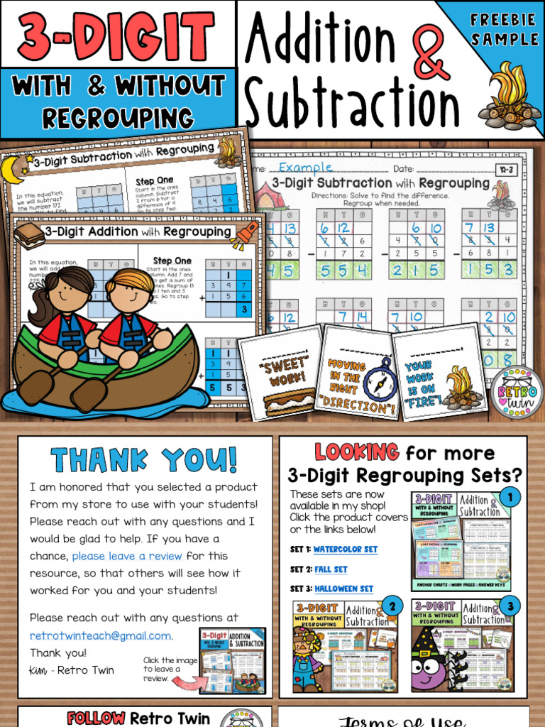 3DigitAdditionandSubtractionwithRegroupingCampingThemeFREEBIE 1 | PDF