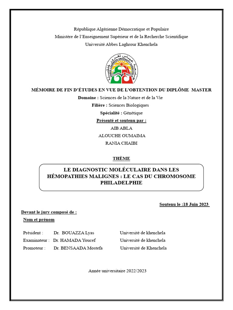 Mémoire de Fin D'Études en Vue de L'Obtention Du Diplôme Master Domaine ...