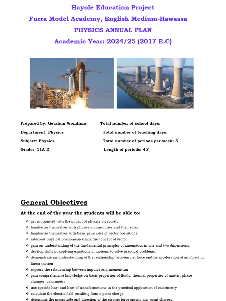 Physics Annual Plan For GR 11, 2017 by Getahun W. | PDF