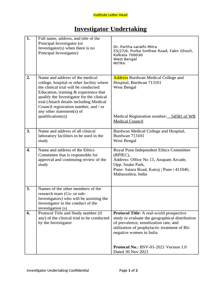 Investigator Undertaking - BSV | PDF
