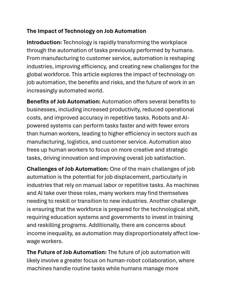 The Impact of Technology On Job Automation | PDF
