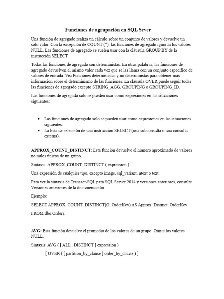 Funciones de Agrupación en SQL Sever | PDF