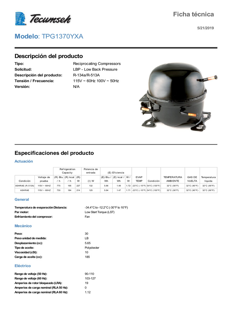 Tecumseh TPG1370YXA 34672 | PDF