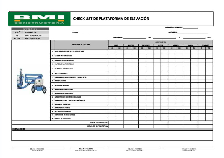 check list plataforma de elevacion | PDF