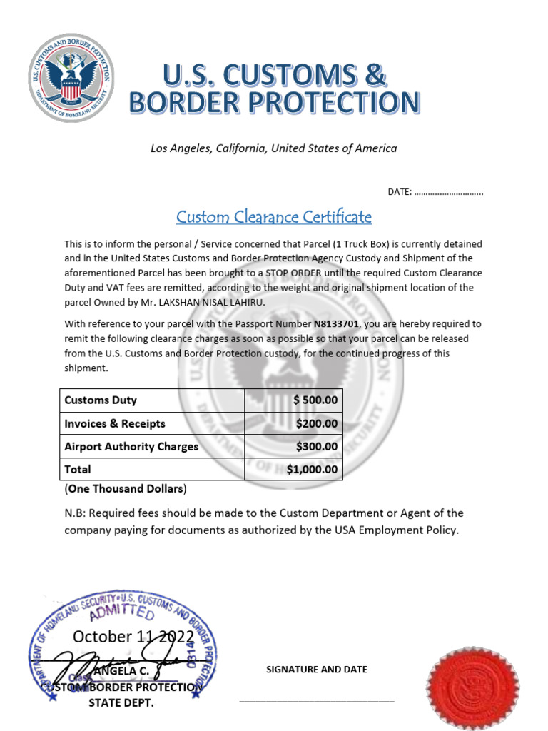 Customs and Boarder Protection For Mr. Lahiru N. Lakshan | PDF