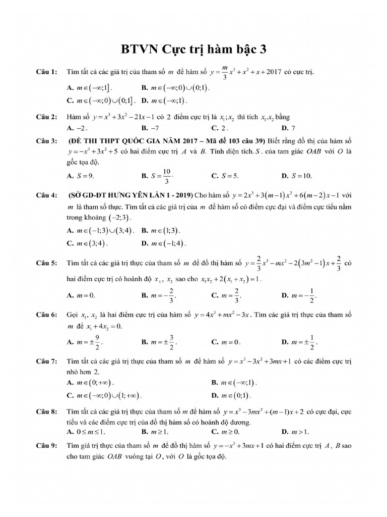 BTVN Cực Trị Hàm Bậc 3 | PDF