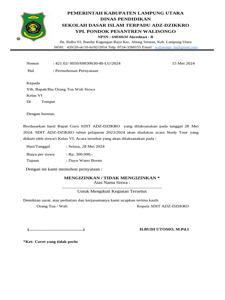 Surat Pemberitahuan Study Tour | PDF