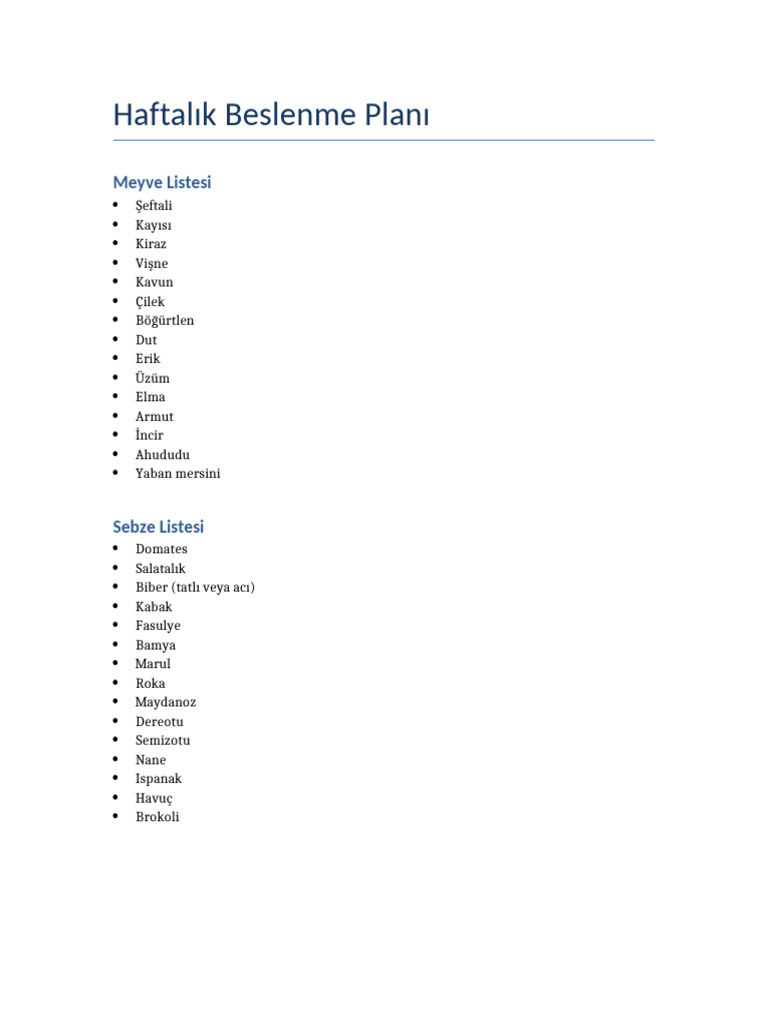 Haftalik Beslenme Plani Guncel | PDF