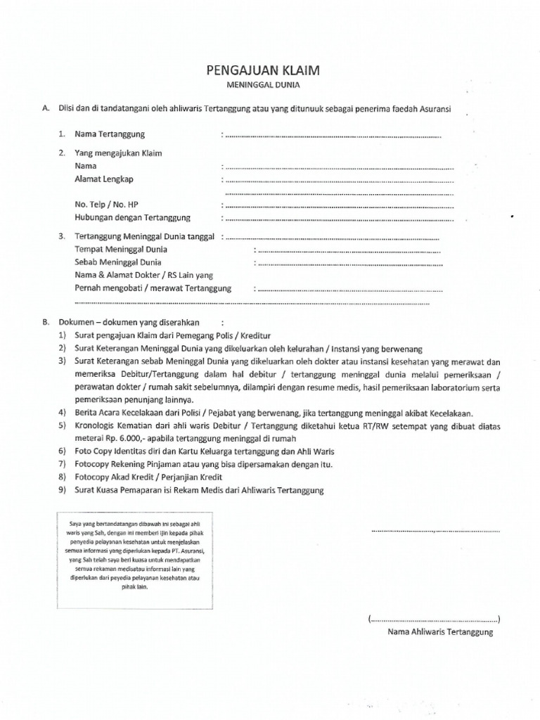 Form Pengajuan Klaim Dari Ahli Waris | PDF