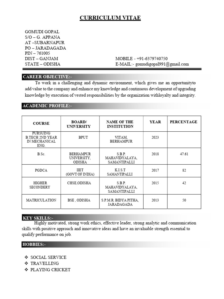 G Gopal CV | PDF | Cognition