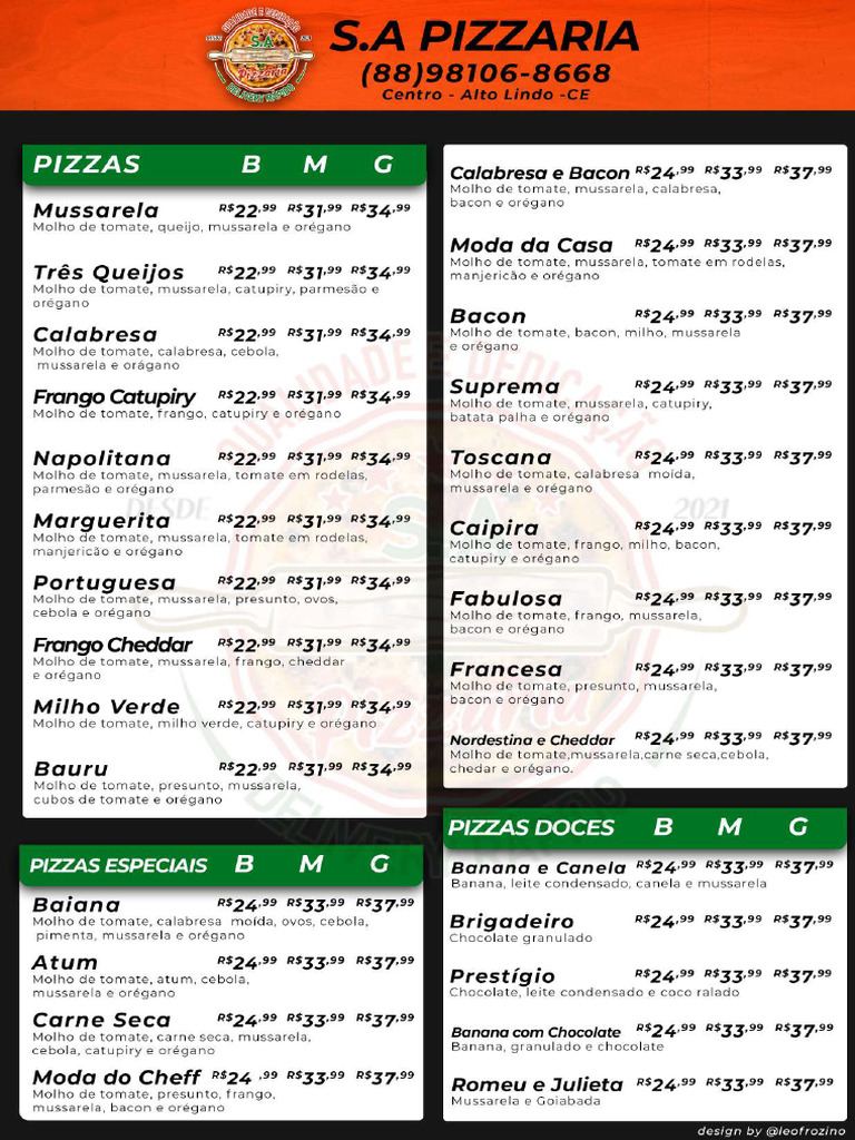 Cardápio Sa Pizzaria | PDF